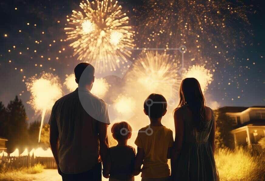 Family Enjoying Fireworks Display from the Comfort of Home stock photo ...