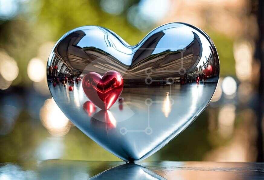 Reflective Heart-shaped Sculpture with Small Red Hearts stock photo ...