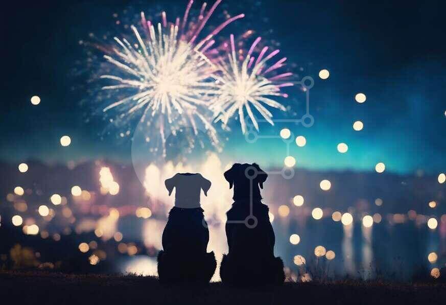 Dogs Enjoying Night Sky and Fireworks stock photo | Creative Fabrica