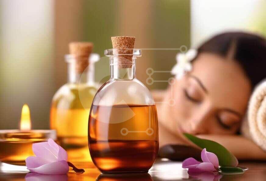 Relaxing with Aromatherapy: Woman surrounded by essential oils and ...