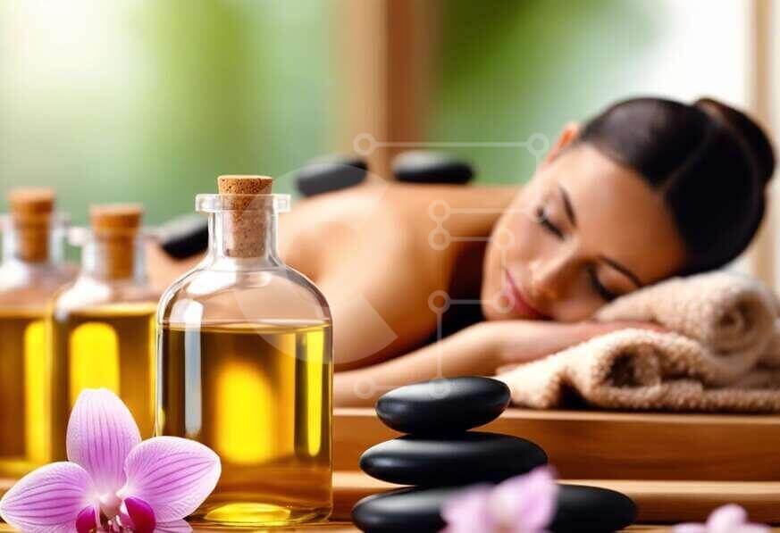Relaxing Spa Treatment with Essential Oils and Gemstones stock photo ...