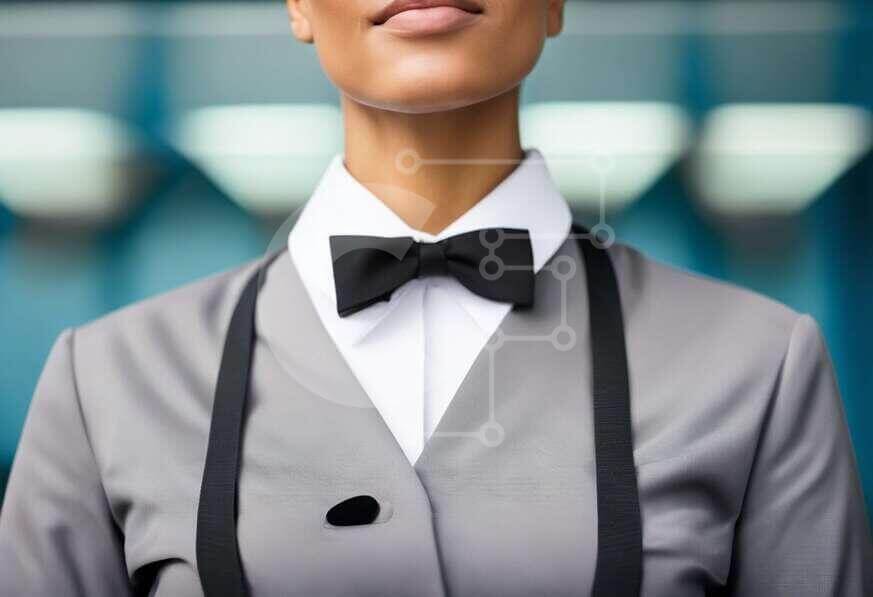 Elegant Waitress in Gray Suit and Bow Tie stock photo | Creative Fabrica