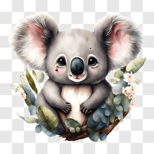 Download Happy Birthday Cartoon Koala Bear with Flowers and Leaves PNGs ...