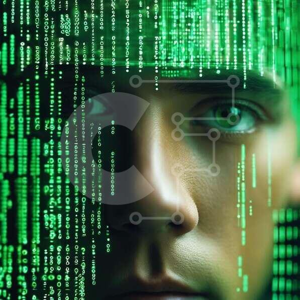Man with Green Binary Code Mask stock photo | Creative Fabrica