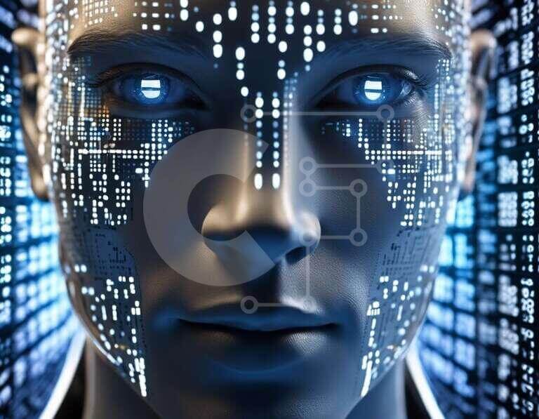 Man with LED Lights and Digital Symbols Illustrating Artificial ...