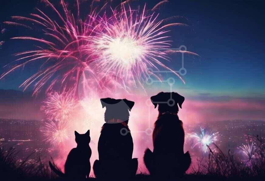 Dogs and Cat Enjoying Fireworks Display stock photo | Creative Fabrica