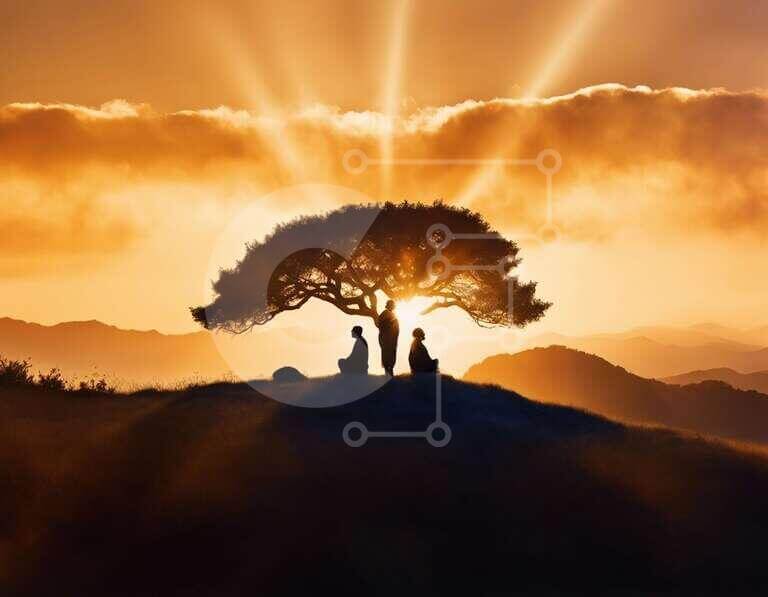 Serene Sunset: Silhouette of People under a Tree stock photo | Creative ...