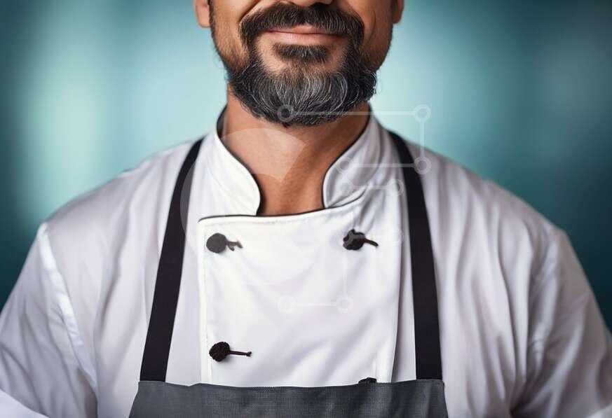 Smiling Chef with Beard in Embroidered Jacket and Chef Hat stock photo ...