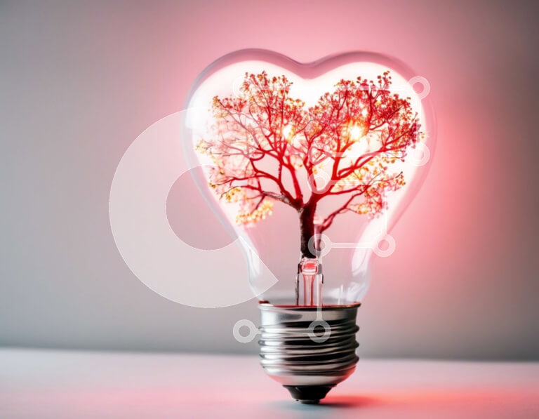 Hartvormige Gloeilamp met Verlichte Boom Erop stockfoto | Creative Fabrica