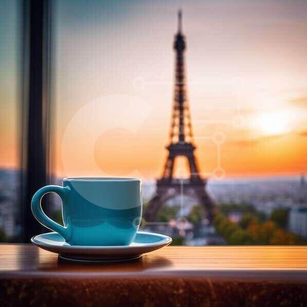 Blue Coffee Cup with Eiffel Tower at Sunset stock photo | Creative Fabrica