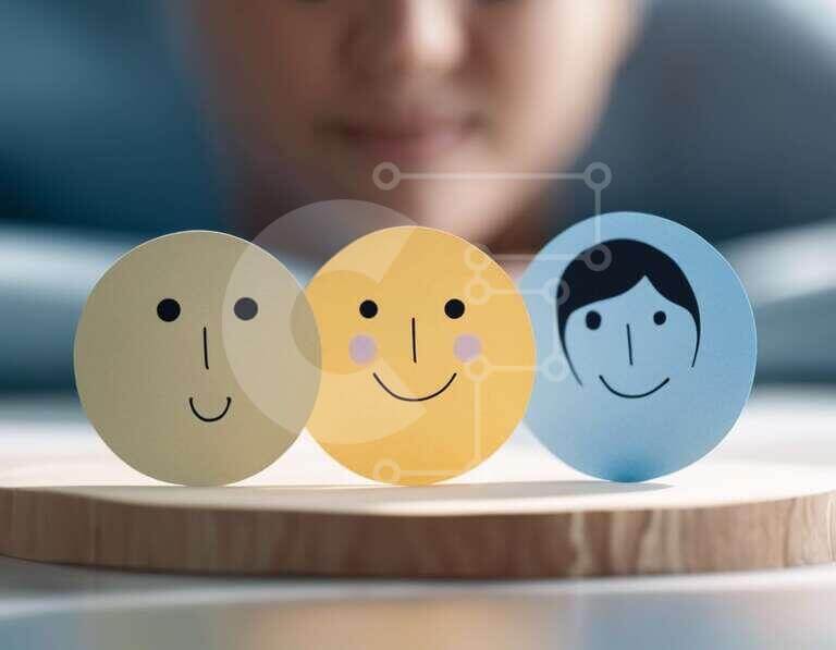 Colorful Smiley-Face Paper Cutouts on Wooden Tray stock photo ...