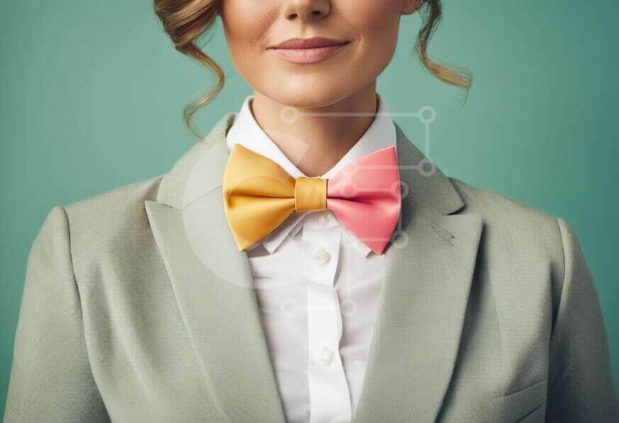 Elegant Woman in Grey Suit and Tan Bow Tie stock photo | Creative Fabrica