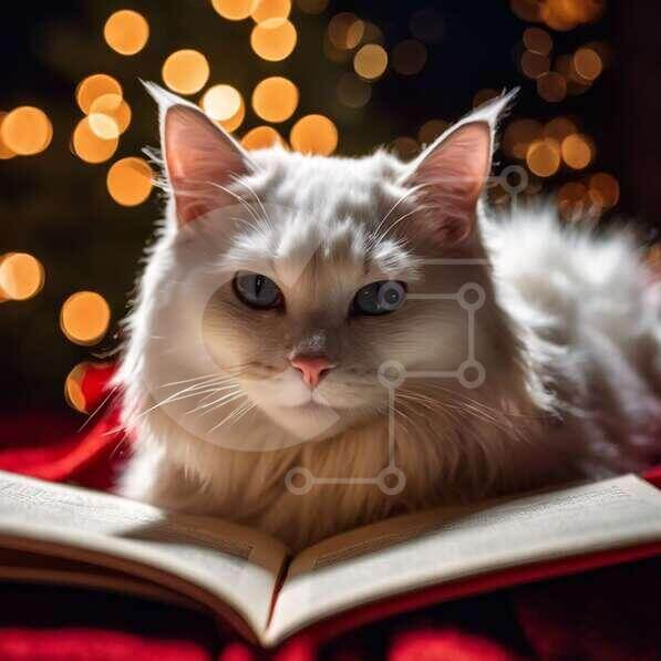 Adorable White Cat Reading Book with Christmas Lights stock photo ...