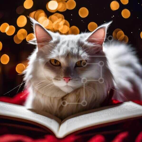 Adorable White Cat Reading Book in a Cozy Setting stock photo ...