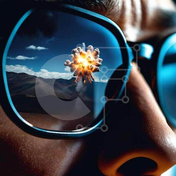 Man with sunglasses and explosion reflection stock photo | Creative Fabrica