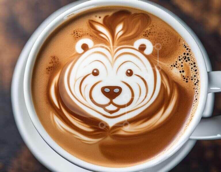 Intricate Bear-shaped Latte Art on a Cup of Coffee stock photo | Creative Fabrica