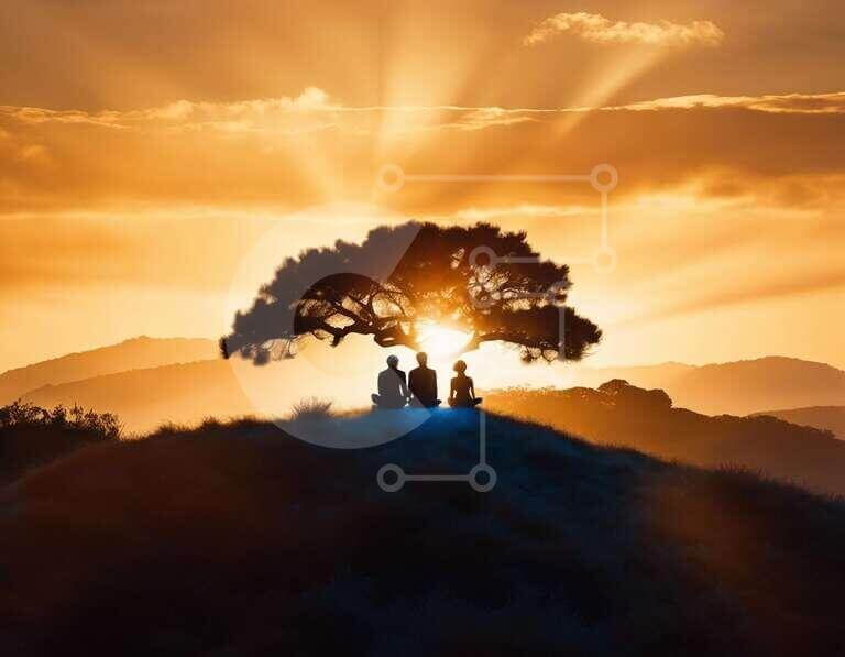Group Enjoying Sunset Under Tree on Hillside stock photo | Creative Fabrica