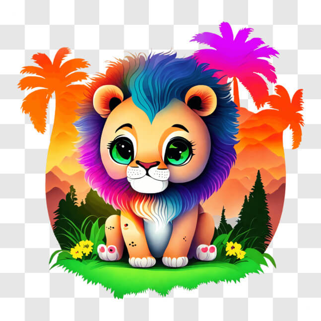 Download Colorful Cartoon Lion in Grass with Palm Trees PNGs Online ...