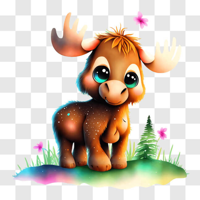 Download Cute Cartoon Moose Standing in Grass with Flowers PNGs Online - Creative Fabrica