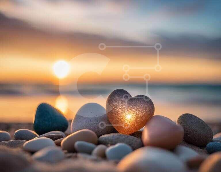 Heart-shaped Stone on Beach at Sunset stock photo | Creative Fabrica
