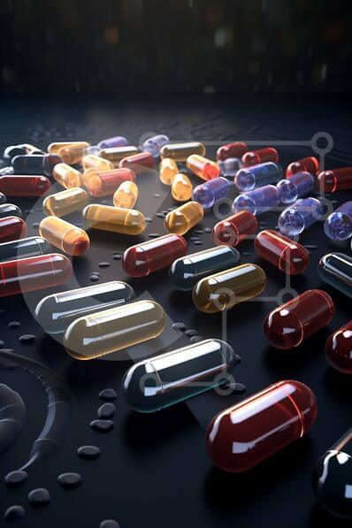 Colorful Pills and Capsules Arranged on Dark Surface stock photo ...