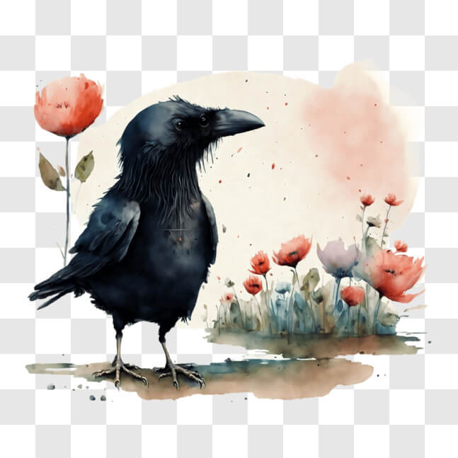 Download Black Crow Standing in Red Flowers PNGs Online - Creative Fabrica