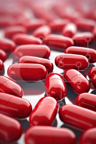 Red Pill Capsules Scattered on Tabletop stock photo | Creative Fabrica