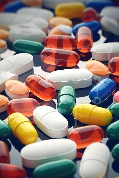 Colorful Pill Capsules Scattered on Tabletop stock photo | Creative Fabrica
