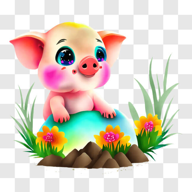 Download Easter Bunny Pig on Decorated Egg with Flowers and Grass PNGs ...