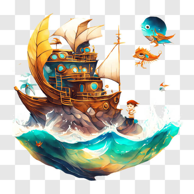 Download Cartoon Illustration of Old Wooden Ship with Fish PNGs Online ...