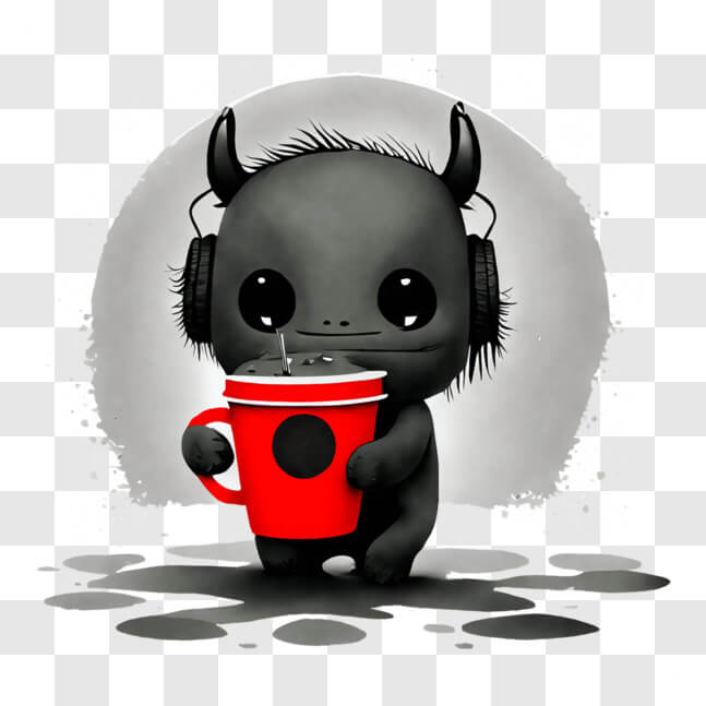 Download Small black demon with headphones drinking coffee and ...