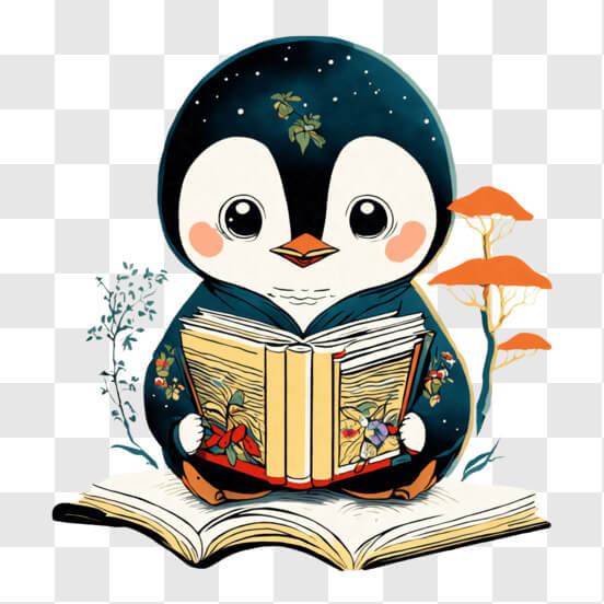 Download Cute Penguin Reading Book in a Beautiful Garden PNG Online ...