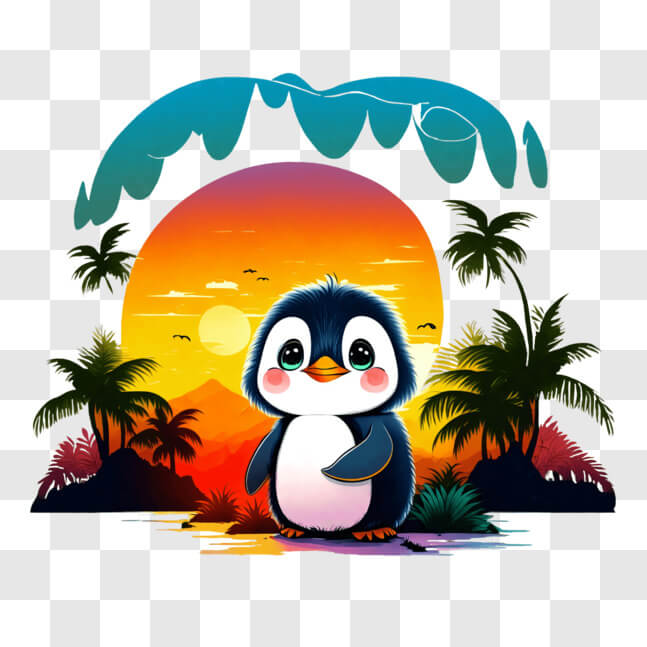 Download Cartoon Penguin Standing in Front of Sunset with Palm Trees ...