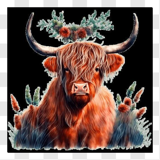 Download Colorful Highland Cow in Field PNG Online - Creative Fabrica