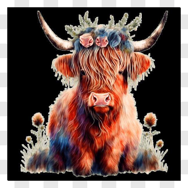 Download Highland Cow with Colorful Hair and Flowers PNG Online ...