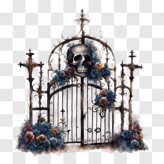 Download Gothic Skull on Iron Gate with Roses and Flowers PNGs Online ...