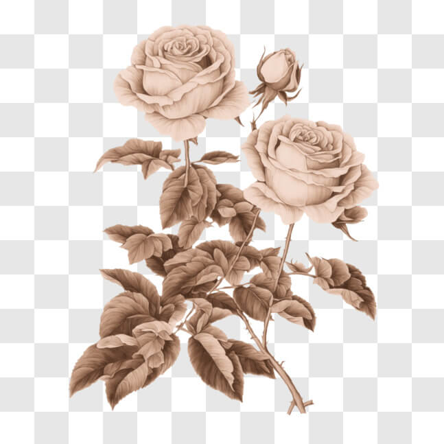 Download Sepia Tone Floral Drawing with Roses and Green Leaves PNGs ...
