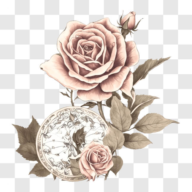 Download Drawing of two roses with an ornate clock in the background ...