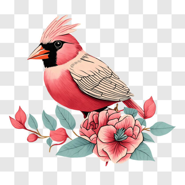 Download Pink Cardinal perched on flowers PNGs Online - Creative Fabrica