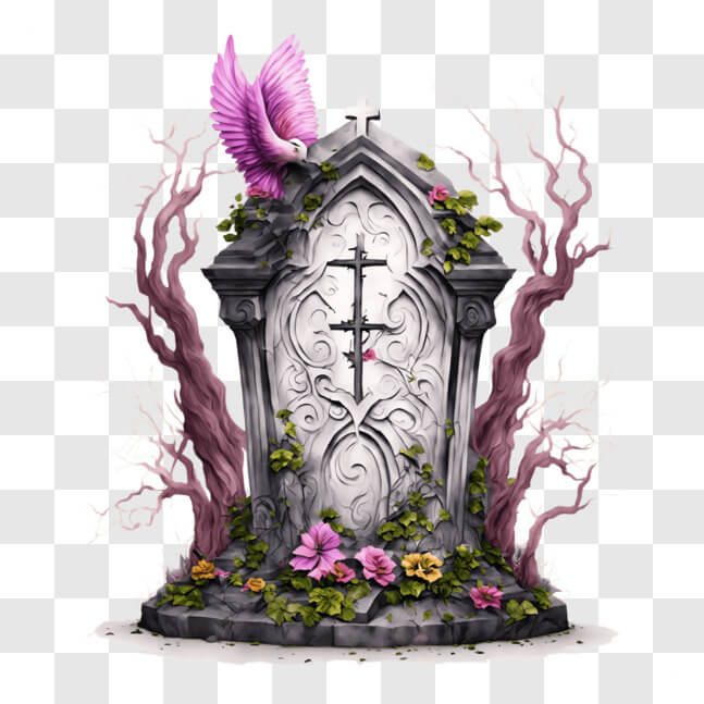 Download Gravestone with pink flowers and birds in a landscaped garden ...