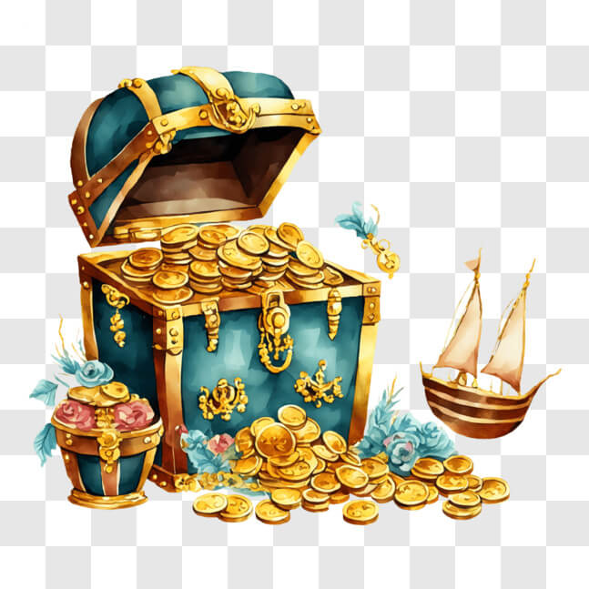 Download Treasure Chest with Gold Coins and Pirate Ship PNGs Online ...