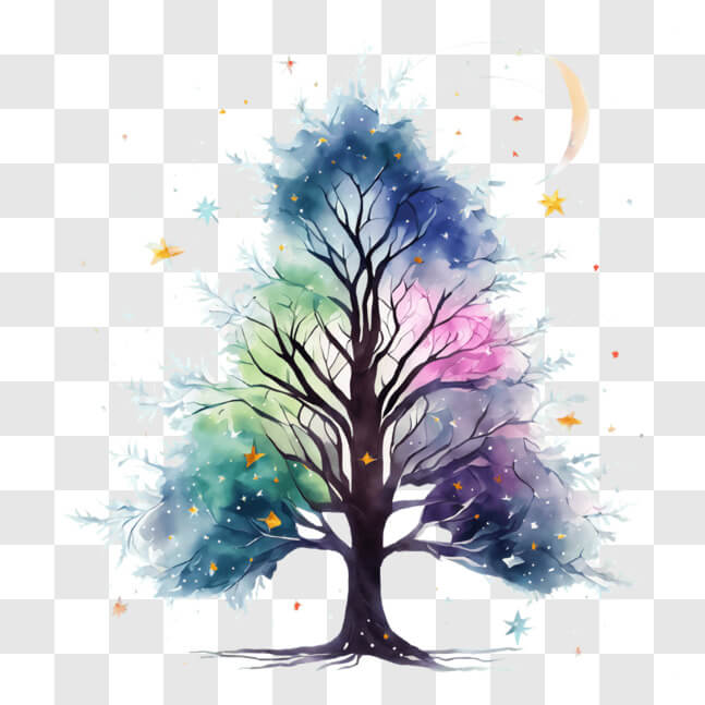 Download Colorful Tree with Stars and Moon PNGs Online - Creative Fabrica