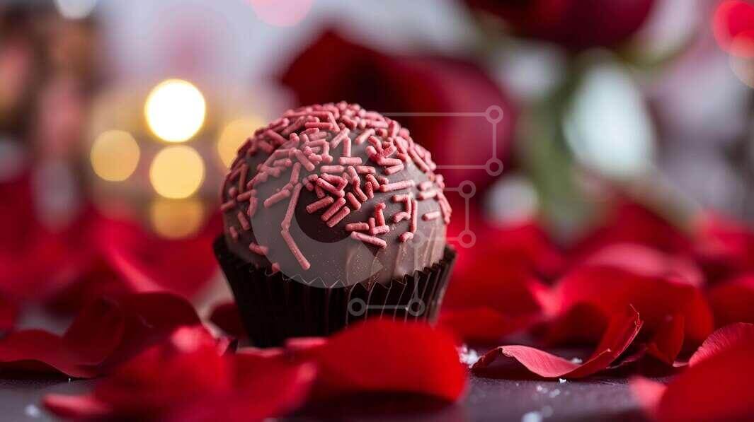 Postre de Chocolate Elegante y Romántico sobre Pétalos de Rosa Rojos ...