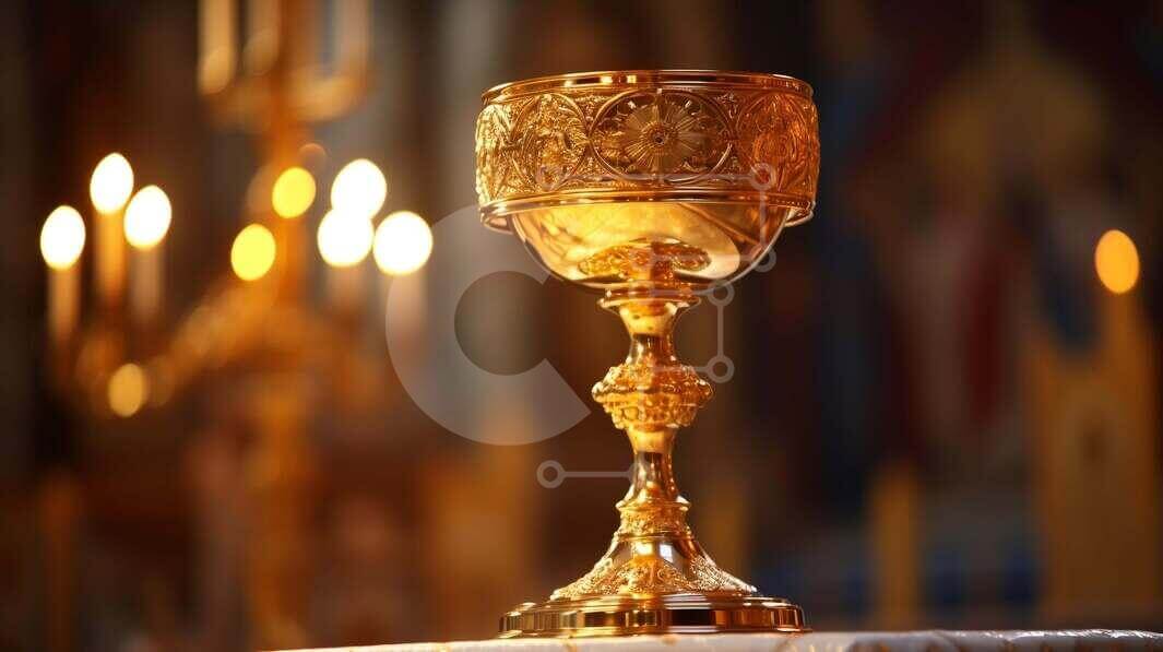 Intricate Golden Goblet on Altar for Religious Ceremonies stock photo ...