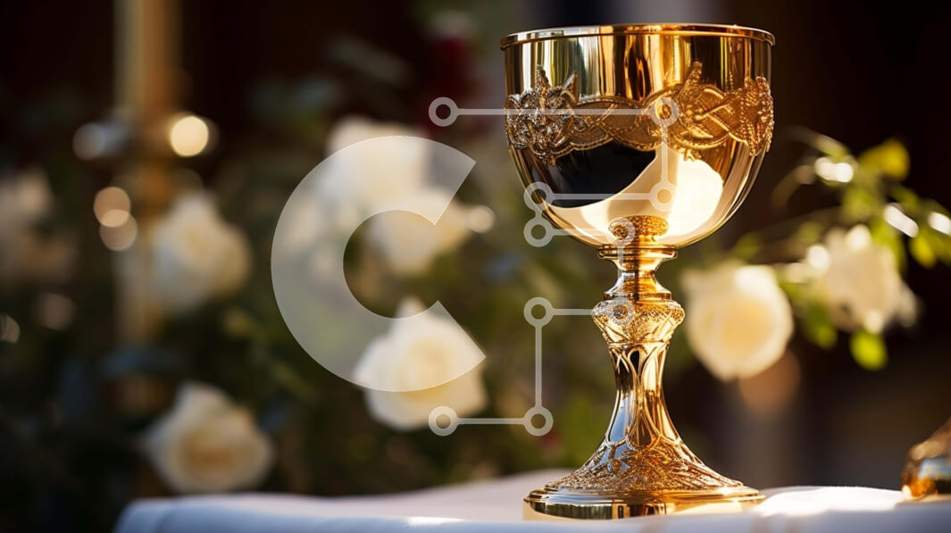 Ceremonial Gold Goblet on Altar with White Roses stock photo | Creative ...