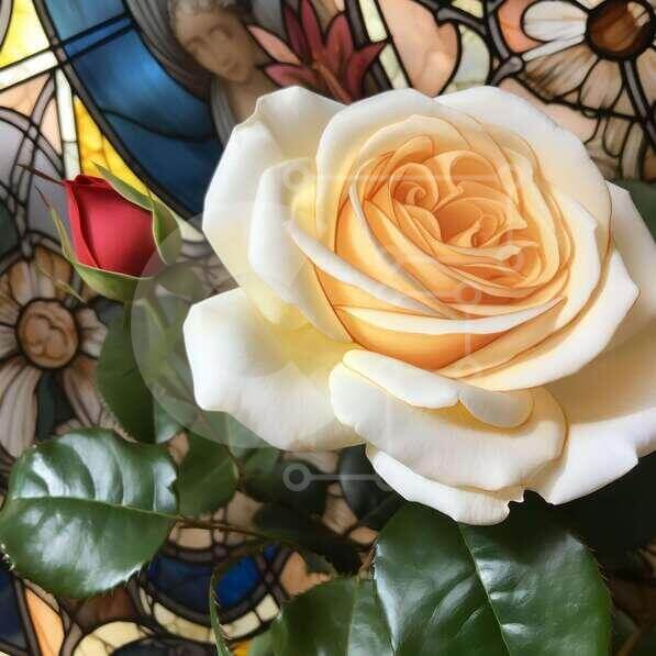 Elegant White Rose and Stained Glass Window stock photo | Creative Fabrica