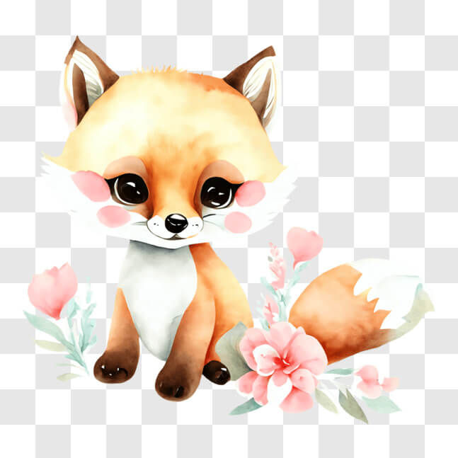 Download Cute Fox with Pink Flowers PNGs Online - Creative Fabrica