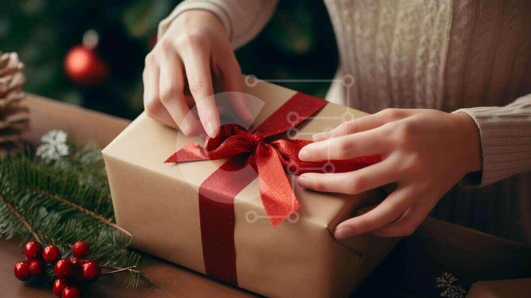 Woman Wrapping Gift for the Holidays stock photo | Creative Fabrica