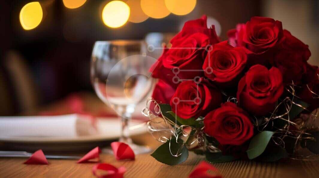 Romantic Red Roses Bouquet with Celebratory Confetti stock photo ...