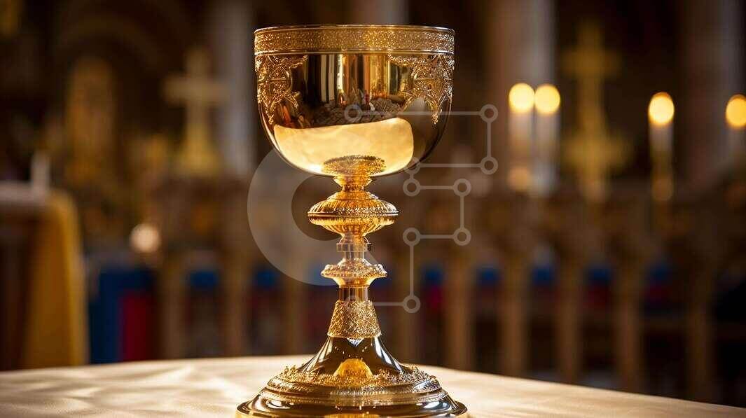 Golden Goblet and Candlesticks in a Religious Interior stock photo ...